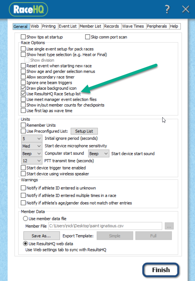 Use the Race Lane data from ResultsHQ in your RaceHQ finsh line screen ...
