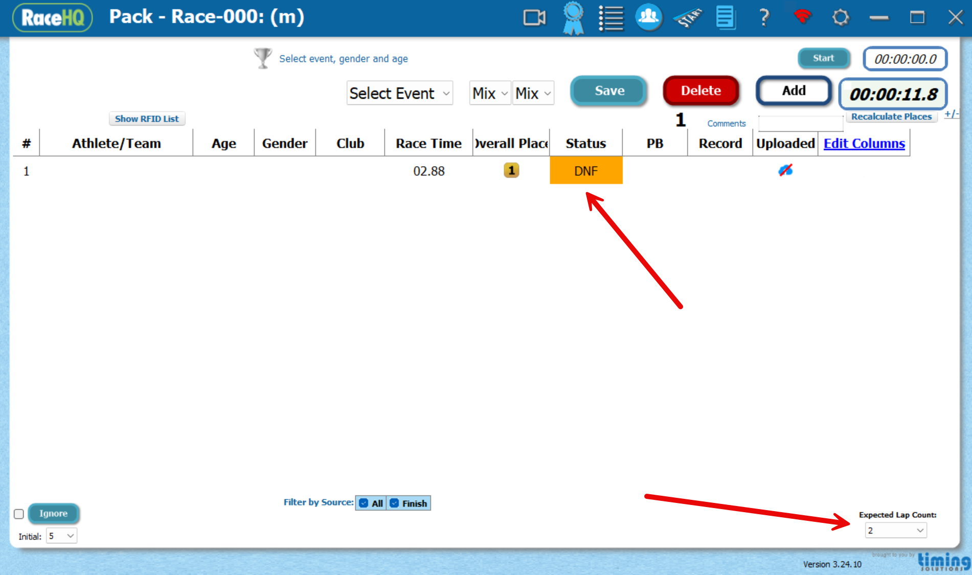RaceHQ Pack race - why do results all have DNF status? – Timing Solutions Support Forum